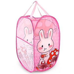WEI LONG Mesh Popup Hamper-Foldable Lightweight Basket for Washing-Durable Clothing Storage for Kids Room,Students College Dorm,Home,Travel & Camping-Pop-up Clothes Hamper (Pink Rabbit)