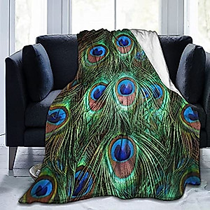 Peacock Feather Throw Blanket Super Soft Cozy Fleece Flannel Blanket Gifts for All Season Couch Bed Sofa Office Camping 60"x50"