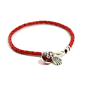 Hamsa Hand Protection Bracelet for Women - Silver Hamsa Charm on Red Leather Evil Eye Bracelet - Ojo Jewelry - Birthday Anniversary Friendship Gift