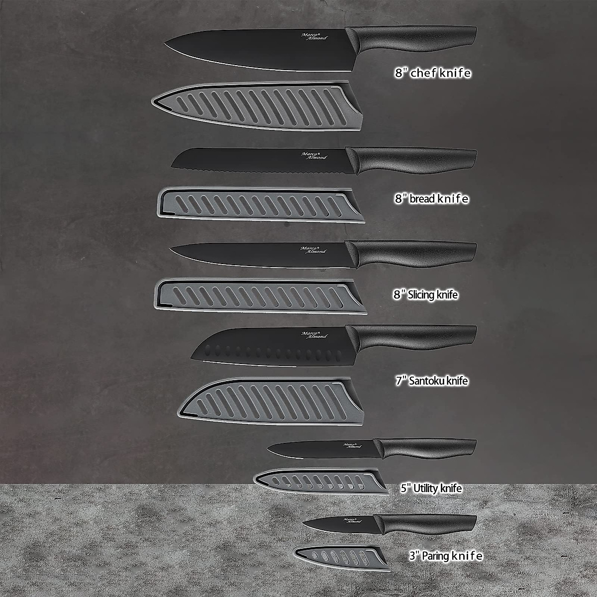 Marco Almond KYA38 Kitchen Knife Sets + KYA59 Titanium Coated Stainless Steel Long Handle Spoons