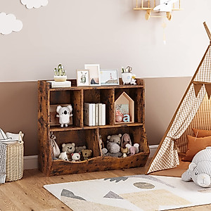 coucheta Toy Bookcase and Bookshelf, Multi Shelf with Cubby Organizer Cabinet for Storage Books and Toys, for Bedroom, Playroom and Hallway (Retro Brown)