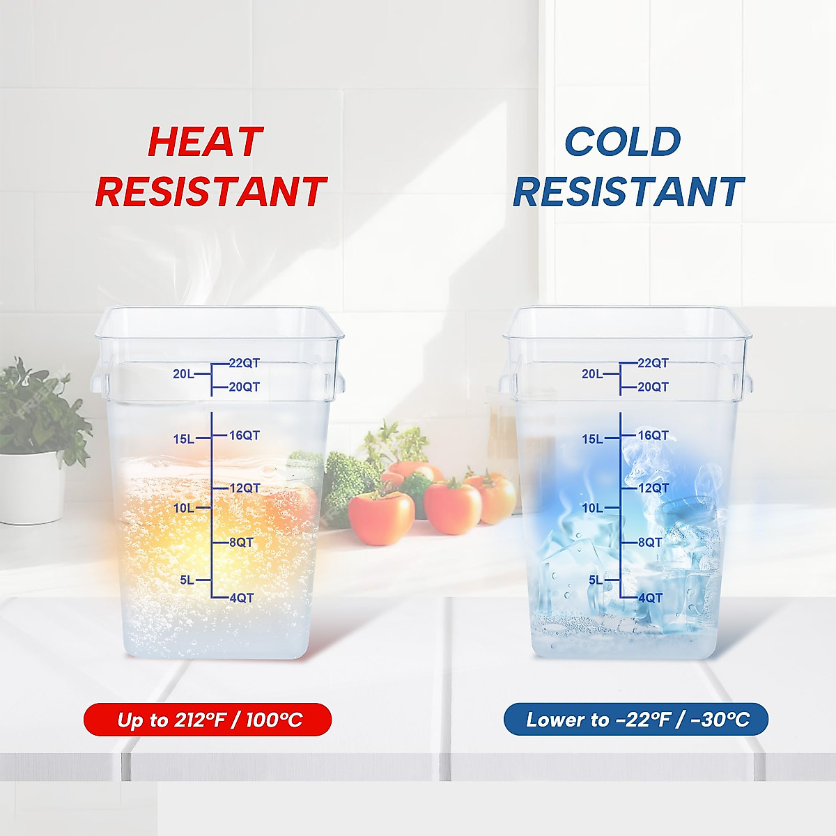 STEELUS 4 Pack Food Storage Containers, 22 Quart with Lids, Square Commercial Containers with Scale, Clear NSF Food Organizing, Polycarbonate