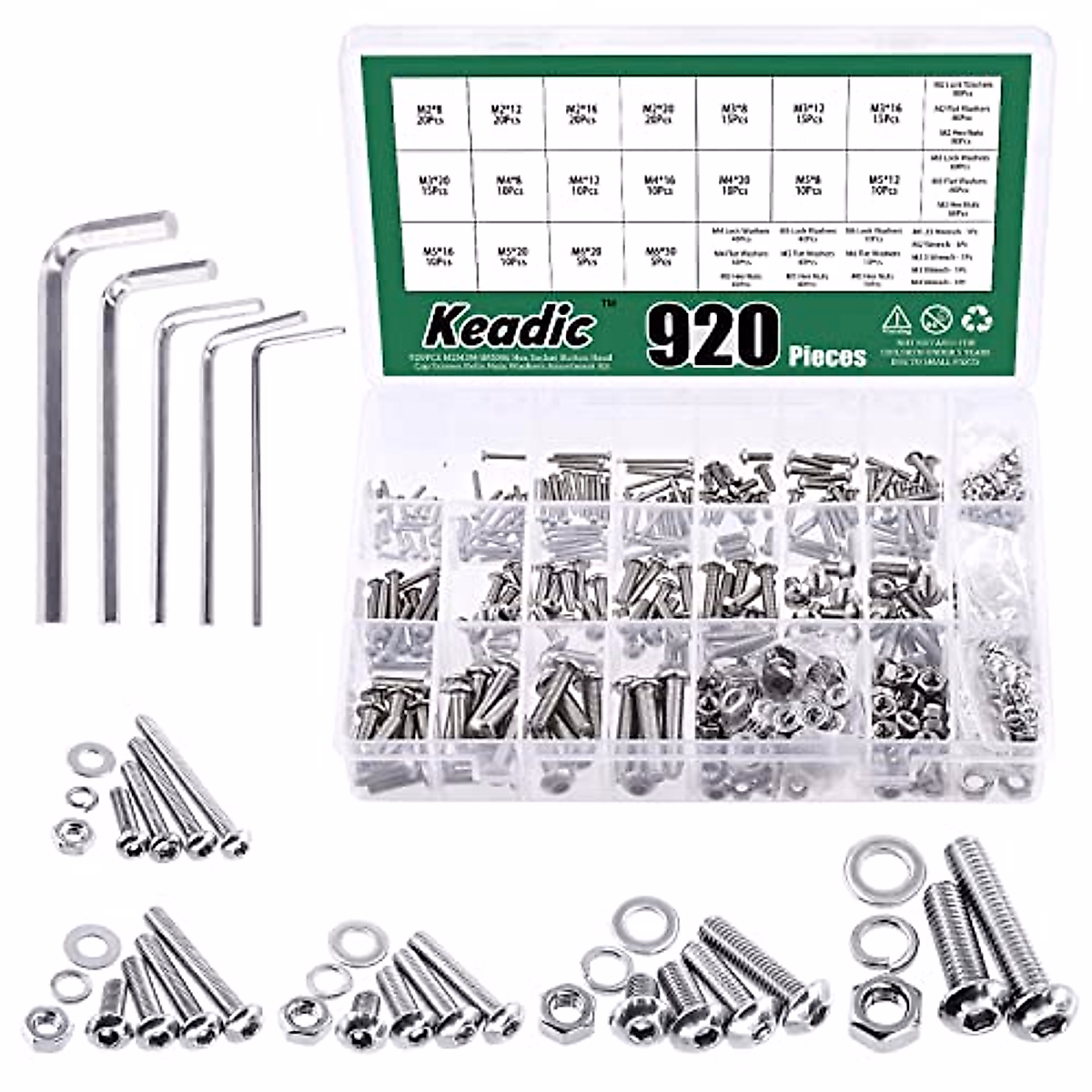 Keadic 925 Pcs 304 Stainless Steel M2/M3/M4/M5/M6 Hex Socket Button Head Cap Screws Assortment Kit, Standard Metric Threaded Hexagon Bolts Screws Nuts Washers Fastener Hardware