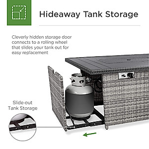 Best Choice Products 52in 50,000 BTU Outdoor Wicker Patio Propane Gas Fire Pit Table w/Aluminum Tabletop, Glass Wind Guard, Clear Glass Rocks, Cover, Slide Out Tank Holder, and Lid - Gray