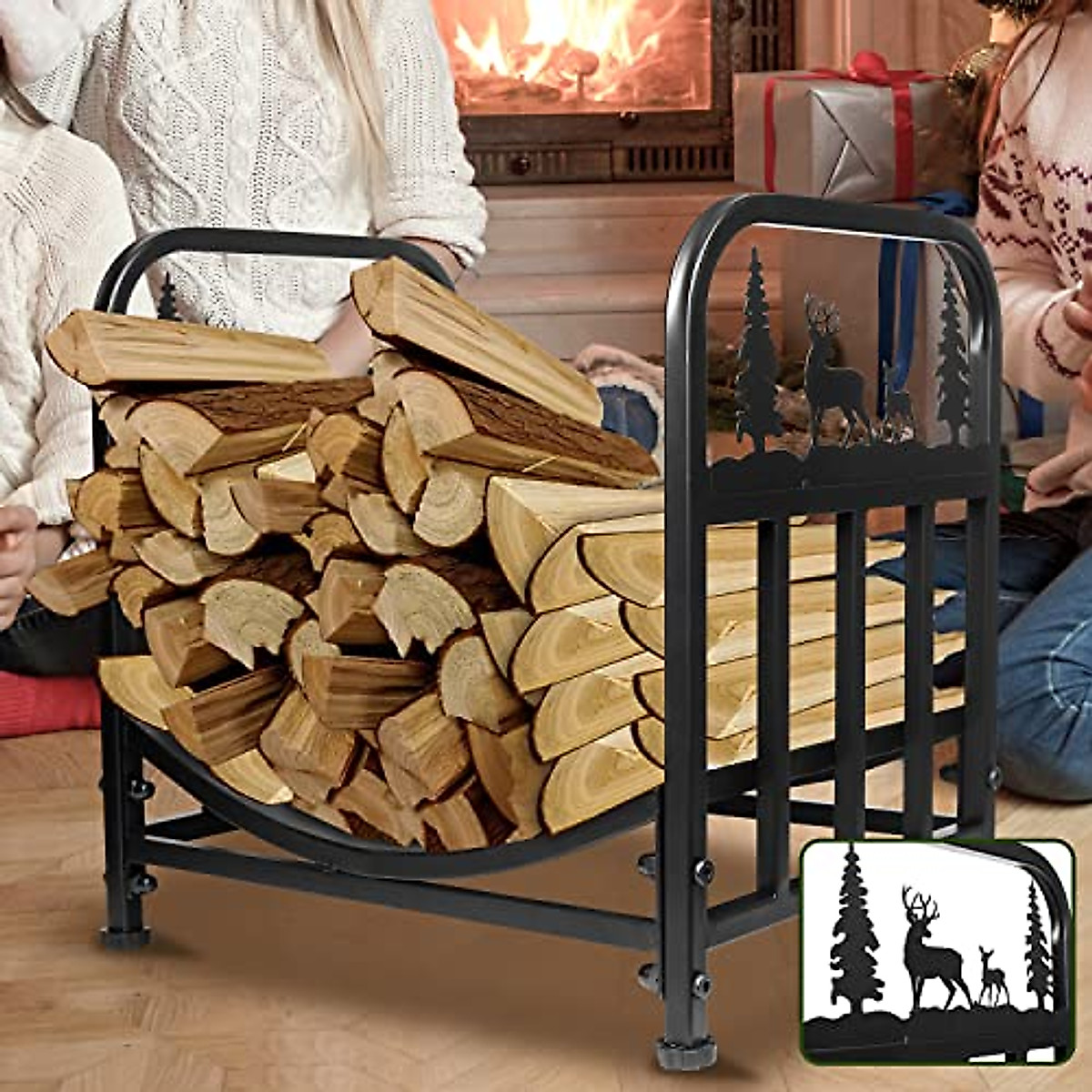Firewood Rack Outdoor-Heavy Duty Indoor Wood Storage Black Powder Coated Steel Log Rack Wood Holder for Fireplace,Patio, Wood Pile Storage Stacker Organizer with Christmas Elements