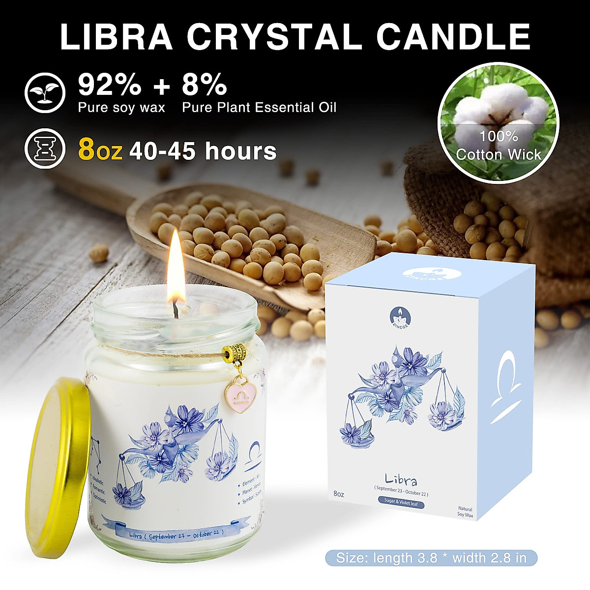 ZINCGE Libra Gifts for Women, Libra Candle, Zodiac Crystal Candle Gifts, Astrology Birthday Gifts Natural Soy Violets Scented Candle with Flowers and Lazurite Spirit Gifts for Mom Sister Friends