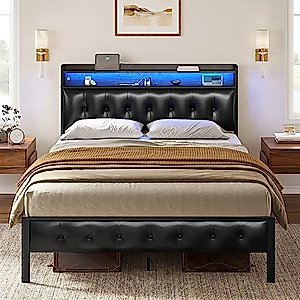 HAUSOURCE Full Bed Frame with Storage Headboard & Footboard Upholstered Platform Bed with LED Lights USB Ports & Outlets No Box Spring Needed