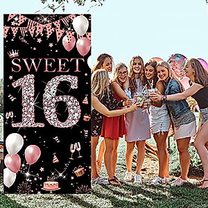 Sweet 16 Birthday Door Banner Backdrop, Happy 16th Birthday Decorations for Girls, Sweet Sixteen Door Cover Rose Gold, 16 Door Poster Sign Birthday Party Supplies, 6.1ft x 3ft Sturdy Fabric PHXEY