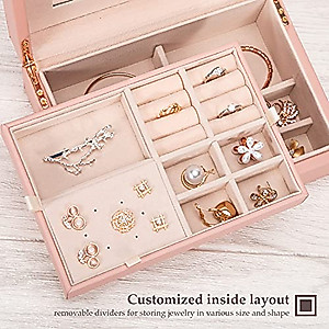LANDICI Jewelry Organizer Box for Women Teen Girls,Large Jewelry Storage Case with Mirror,2 Layer Removable Stackable Tray,Leather Jewellery Display Holder for Ring Necklace Earring Bracelets,Pink