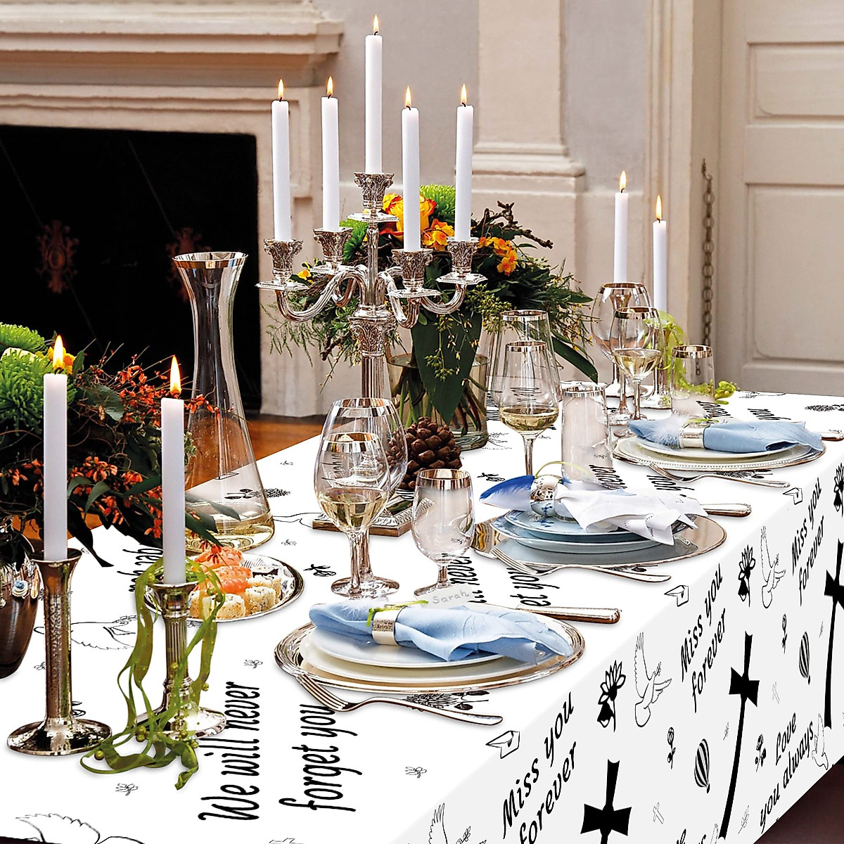 Xqumoi 3Pcs Memorial Table Cover Plastic Disposable Rectangle Waterproof Tablecloths Remembrance Funeral Celebration of Life Table Cover Farewell Anniversary Party Supplies Decoration(108 x 54 Inch)