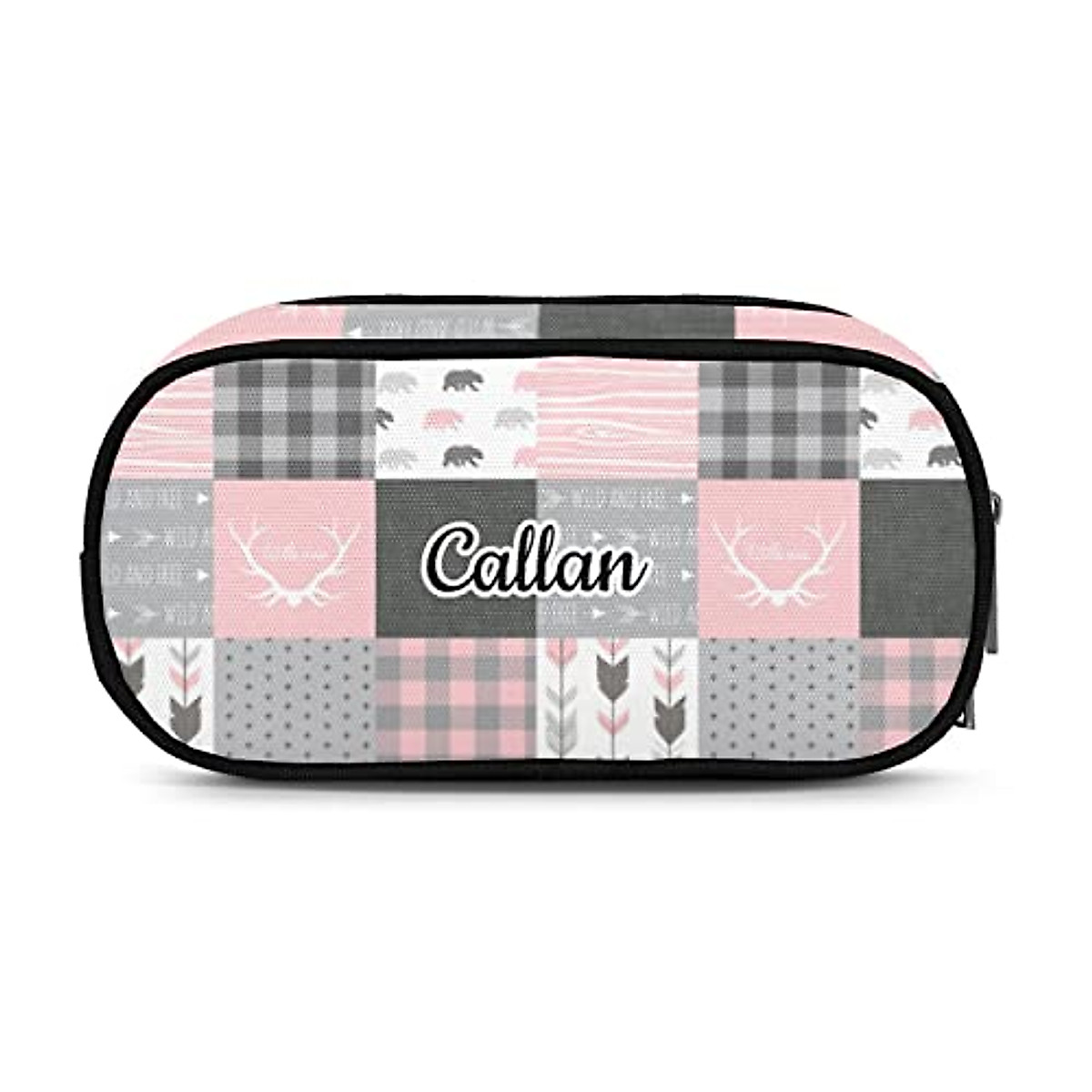 Cow Patchwork Pink Gray Forest Personalized Pencil Case/Pen Case/Pencil Pouch for Students,Custom Zipper Stationery Bag for Pens and Pencils for Boys Girls