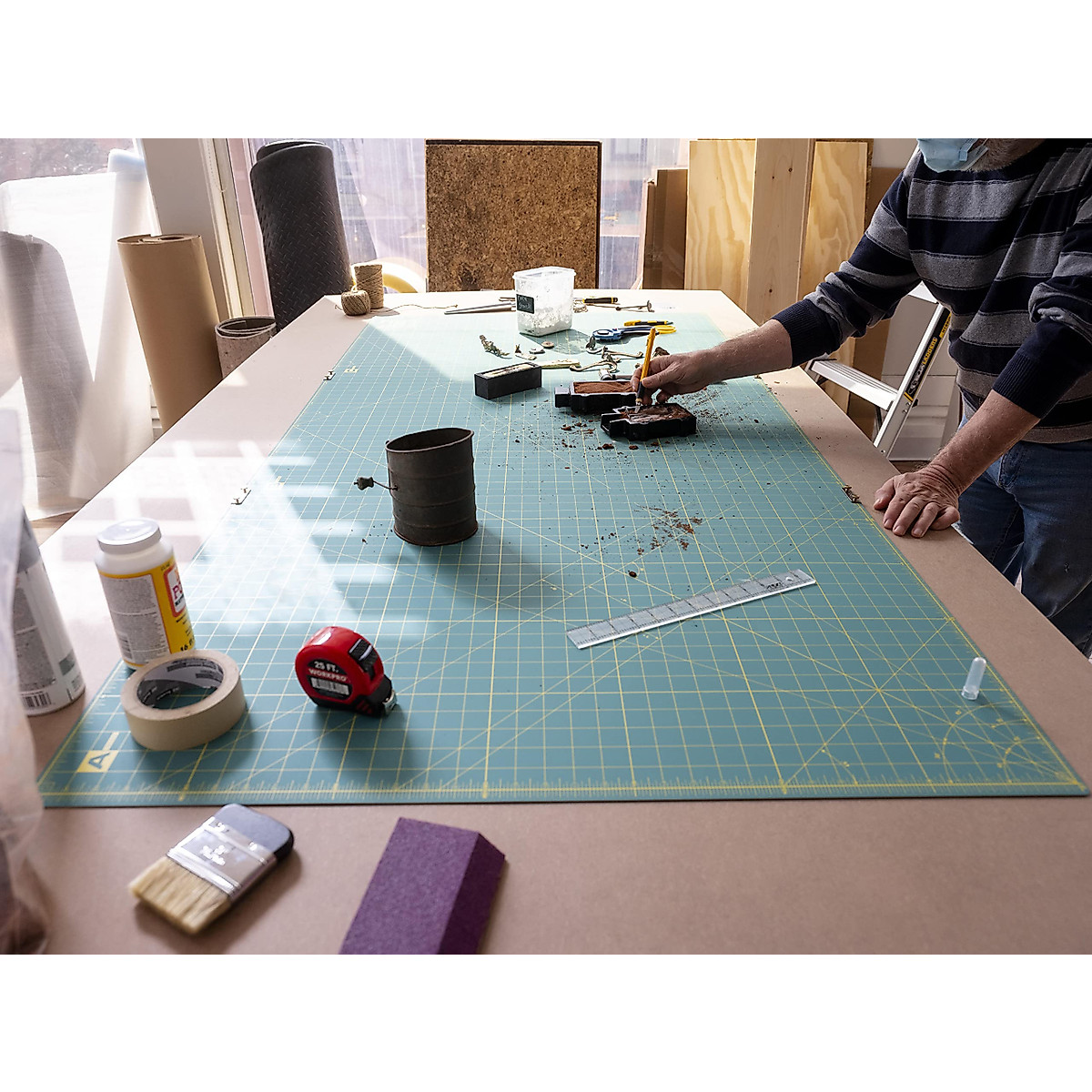 OLFA 35" x 70" Connecting Grid Rotary Cutting Mat Set (RM-CLIPS/3) - Self Healing Double Sided 35x70 Inch Cutting Mat with Grid for Fabric & Sewing, Designed for Use with Rotary Cutters (Green)