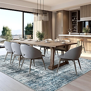 Soalmost Abstract Rug 8x10 Large Living Room Rugs Neutral Modern Washable Area Rugs for Bedroom Dining Room Non-Slip Stain Resistant Foldable Thin Rug Blue