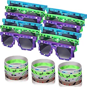 Fiada 24 Pieces Miner Party Favors Set Include 12 Pixel Sunglasses,12 Pixelated Theme Bracelet Miner Wristbands for Kids Adults Pixelated Style Video Game Player Birthday Party Favors Supplies