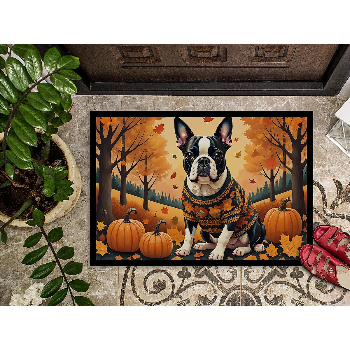 Caroline's Treasures DAC1024MAT Boston Terrier Fall Doormat 18x27 Front Door Mat Indoor Outdoor Rugs for Entryway, Non Slip Washable Low Pile, 18H X 27W