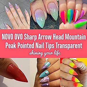 NOVO OVO 500 pcs Short Stiletto Full Cover French Manicure Nail Tips, Extra Sharp Arrow Head Mountain Peak Edge Pointy Eagle Cat Claw Fishbone Clear False Fake Nails Extension for Acrylic 10 Sizes