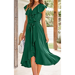 PRETTYGARDEN Women's Summer V Neck Ruffle Wrap Tie Maxi Dress Solid Color Flutter Sleeve Holiday Dresses for Women 2023 (Dark Green,Medium)
