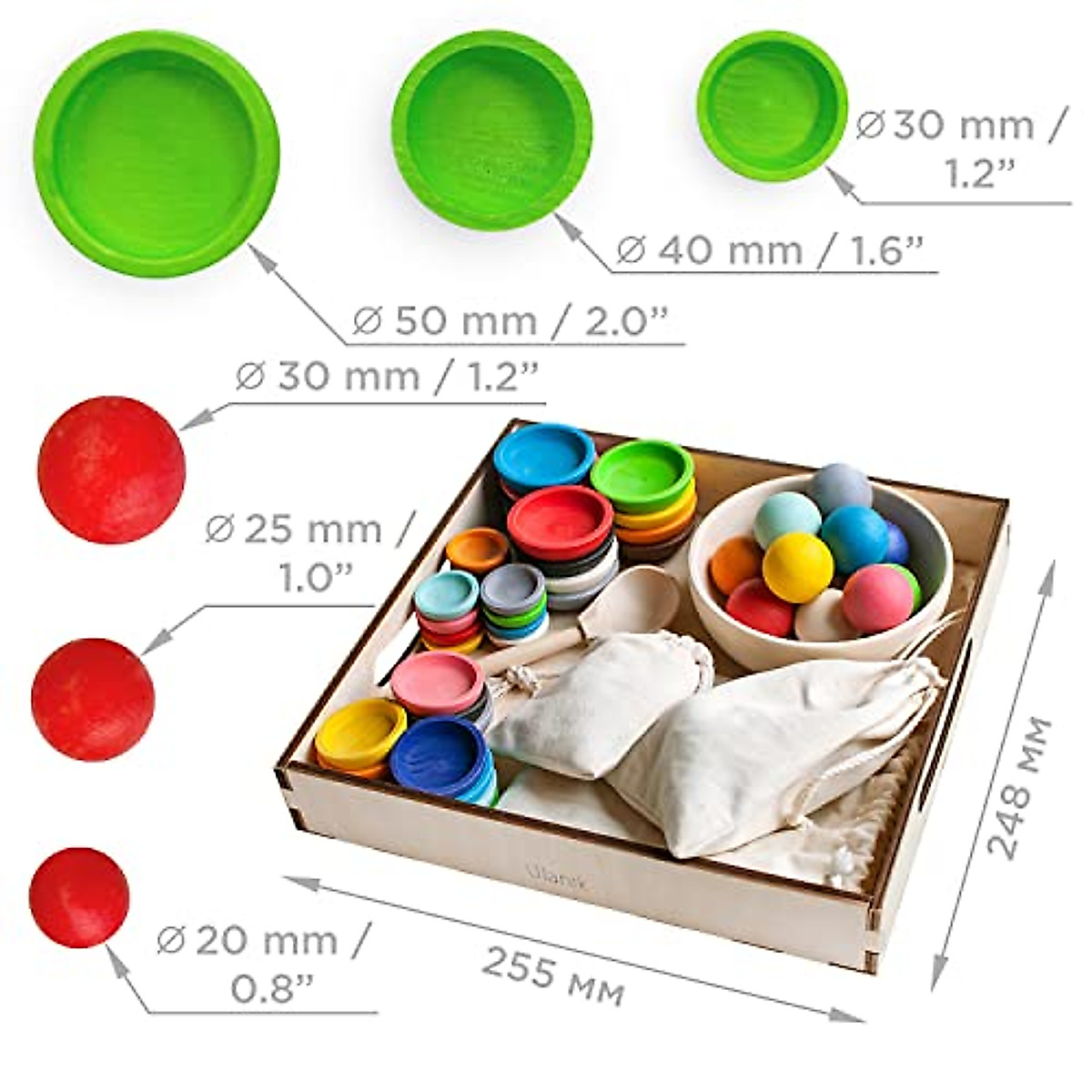 Ulanik Colors and Sizes Toddler Montessori Toys for 3 Year Old + Kids Wooden Matching Game for Learning Size & Color Sorting and Counting — 36 Balls on Plates