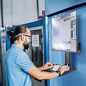 AVLT Single 17”-27” Monitor Steel Keyboard Wall Mount with Large 25.7” Height Adjustable Keyboard Tray - Computer Wall Mount Workstation VESA 75 100 – Soft Wrist Rest and Mouse Pad