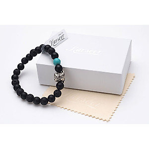 Karseer Black Matte Onyx and Lava Energy Stone Mala Beaded Stretch Bracelet with Bulldog Mascot Charm and Birthstone Embellishment, Handmade Friendship Jewelry Gift Unisex 7", Antique Silver