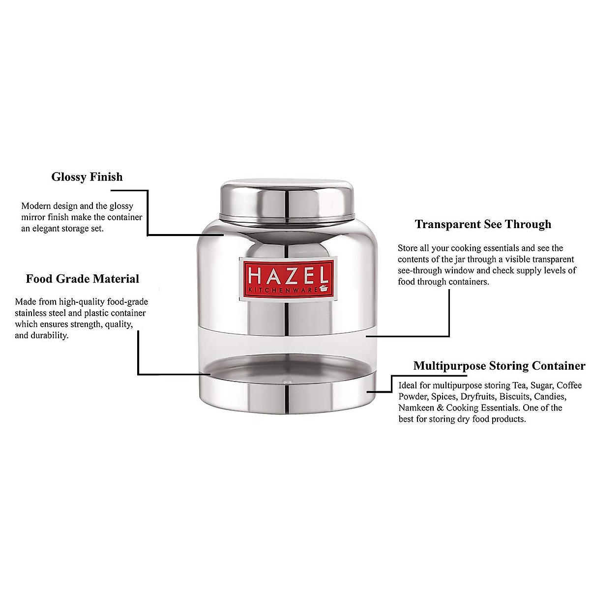 HAZEL Stainless Steel Kitchen Containers I Barni shape Container Set of 6, 2000 ml each with Airtight Lid | Multipurpose Storage Box for Kitchen Containers Set with Glossy Finish