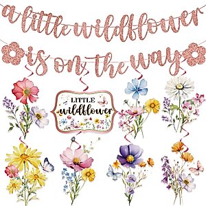 Cocomigo Wildflower Baby Shower Decorations Banner Hanging Swirls, 17pcs Floral Baby Shower Decorations for A Little Wildflower is on Her Way Baby Shower, Flower Baby Shower Decorations Rose Gold