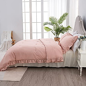 Litanika Full Size Comforter Sets, 3 Pieces Blush Pink Ruffle Girls Women Cute Bedding Comforters & Sets, Lightweight Fluffy Microfiber as Gift (79x90In Comforter & 2 Pillowcases)