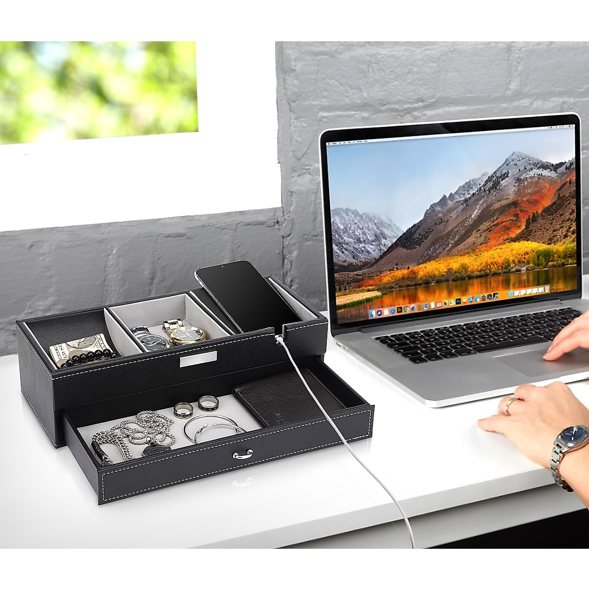 Baoyun Mens Valet Tray, Nightstand Organizers for Men, Leather Jewelry Storage Box Bedside Table Organizer EDC Catch All for Jewelry Key Wallet and Phone