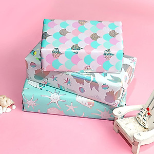 WRAPAHOLIC Wrapping Paper Roll - Mermaid Scale and Jellyfish Design with Colorful Foil for Birthday, Holiday, Baby Shower - 4 Rolls - 30 inch X 120 inch Per Roll