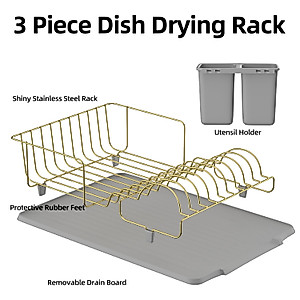 Buruis Dish Drying Rack, Gold Dish Drainer with Anti-Slip Rubber Feet Organizer includes Removable Drain Board and Utensil Holder, Large Capacity Stainless Steel Dish Racks for Kitchen (Gray)