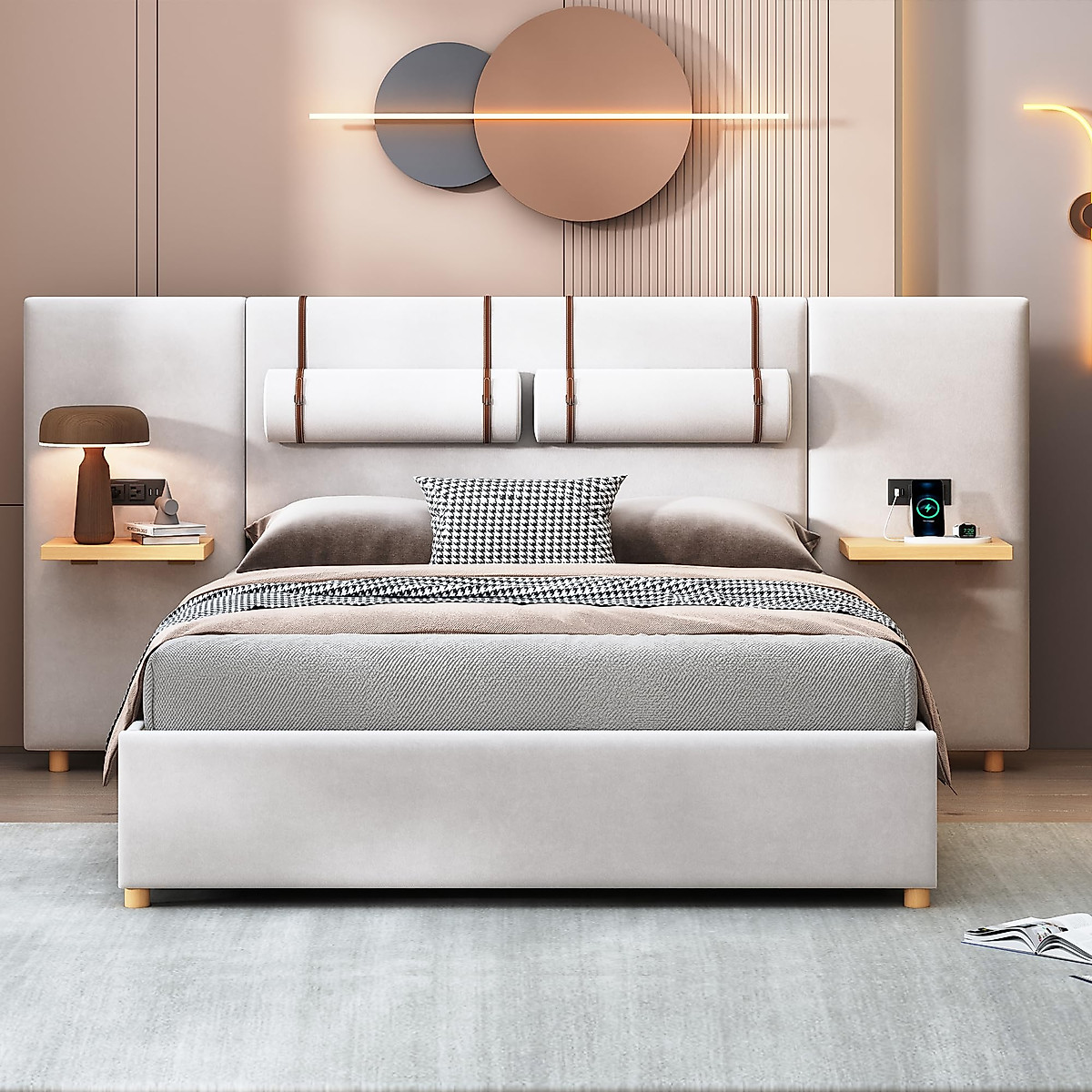 Merax Queen Size Upholstered Platform Bed, Modern Bedframe with Two Outlets and USB Charging Ports on Both Sides, Two Bedside Pillows, Storage Shelves, Beige