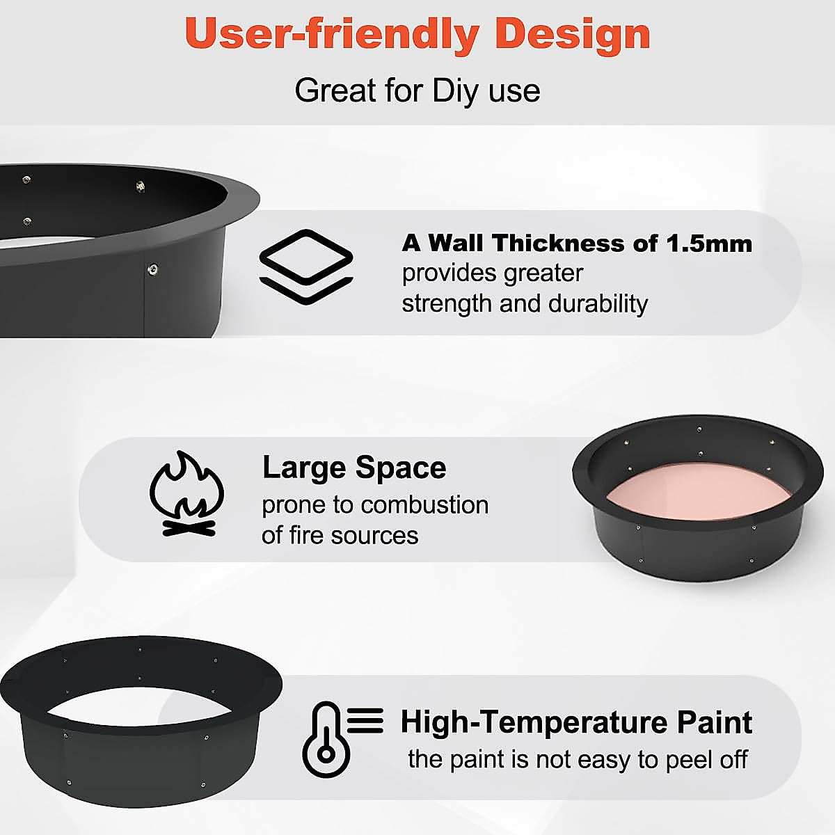 Koutemie Outdoor Fire Pit Ring Liner 40-Inch Outer/36-Inch Inner Diameter, Heavy Duty Solid Metal Steel Round Firepit Rim Insert for Outside DIY Campfire Ring Above or In-Ground, Black