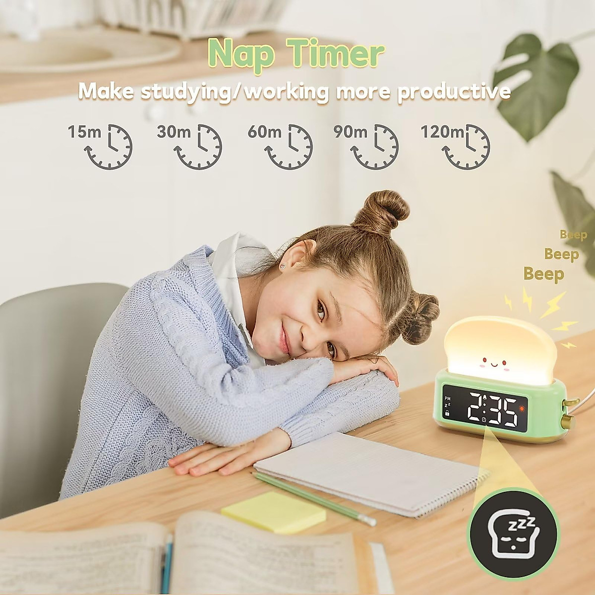 Kids Alarm Clock, Digital Alarm Clock for Bedrooms, Cute Toast Night Light, Timer, Snooze, Adjustable Brightness, Small Bedside Clock for Kids Girls Boys Teens Birthday Room Decor