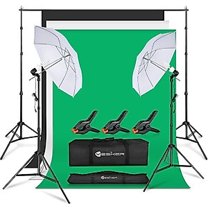 Yesker Photography Lighting Umbrella Kit, 6x9ft Muslin Backdrop (White/Black/Green Screen Kit), 8.5x10ft Background Support System Continuous Lights Umbrella Equipment for Portrait Photo Video Studio