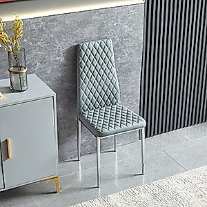 Hommoo PU Leather Dining Chairs Set of 6 Modern Kitchen Chairs with Grid Pattern and Electroplate Solid Metal Legs Armless Side Chairs for Home Living Room Kitchen Dining Room Grey
