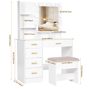 ANWBROAD Makeup Vanity Desk with Mirror and Lights Power Outlet 35.5" Vanity with Glass Top Dresser 3 Lighting Modes Brightness Adjustable White Vanity Desk with Drawers Shelves Bedroom Stool UBDT64W