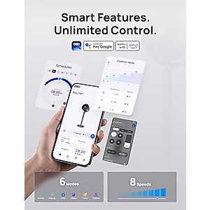 Dreo Smart Fan for Bedroom, 120° Oscillating Standing Fan, DC Motor, Quiet Pedestal Fans, 8 Speeds, 6 modes, 23dB Low Noise, Floor Fan for Whole Room, 35-40'' Adjustable Height, with Wi-Fi/Voice