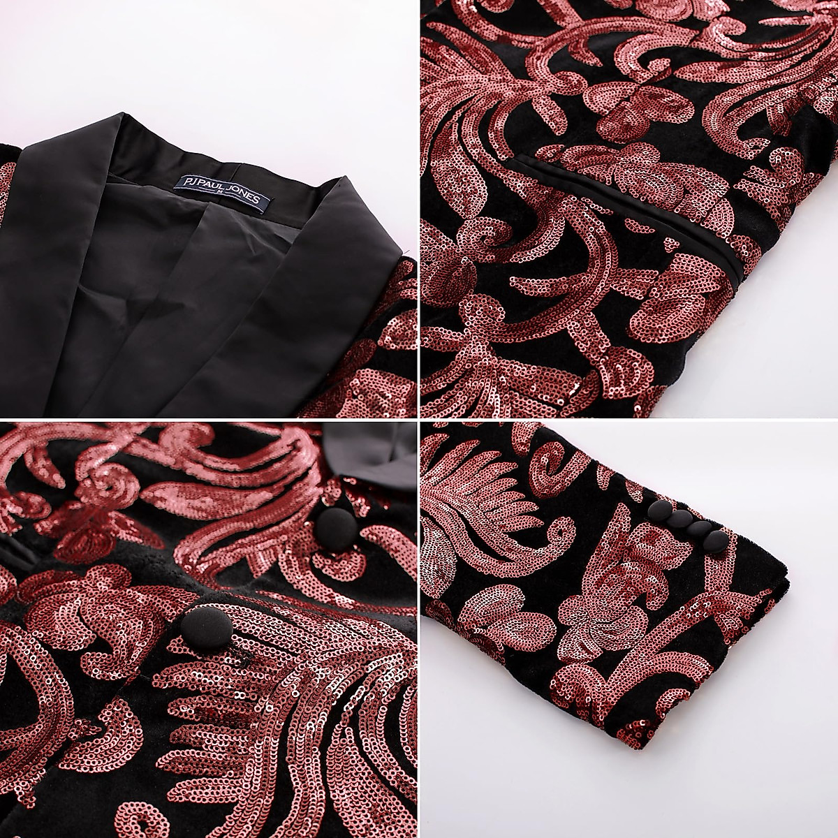 PJ PAUL JONES Men's Suit Jackets Velvet Sequins Tuxedo Jacket Shawl Lapel Slim Fit Casual Blazer for Men Dinner Wine Red 2XL