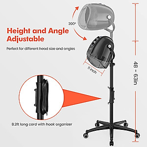 TASALON Ionic Hooded Hair Dryer, Gray - Professional Bonnet Hair Dryer for Home and Salon with 3 Temperature Settings, Portable, Lightweight, Adjustable Height and Wheels, 1000W, 120V AC, 60 Min Timer