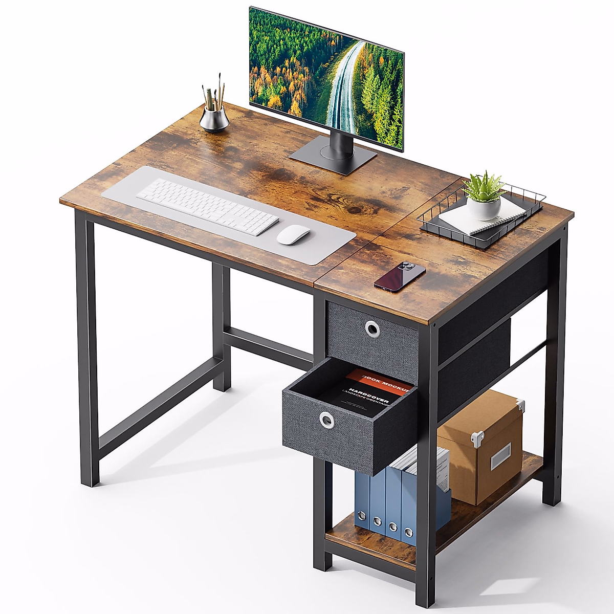 SMUG Computer Desk with Storage Drawers, 40 Inch Small Office Desk Modern Simple Workstation Study Writing Table for Home Bedroom, Rustic Brown