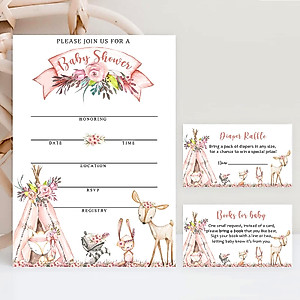Yuzioey Boho Woodland Baby Shower Invitations, 25 Pack Girl Woodland Invitations Macthing Envelpoes, Diaper Raffle Tickets, Book Request Cards, Pink Teepee Woodland Creatures Invitations
