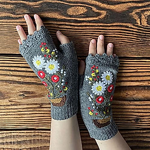 Women Flower Embroidery Knitted Gloves Handmade Winter Warm Gloves Fingerless Typing Mittens (Gray, One Size)