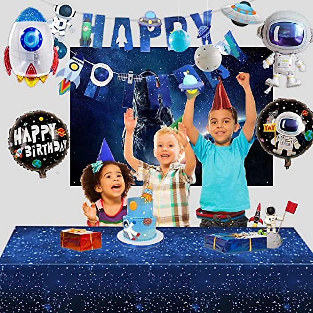 FECEDY 2 Packs 54"x108" Star Universe Blue Wave Point Disposable Plastic Table Cover Waterproof Tablecloths for Rectangle Tables up to 8 ft in Length Party Decorations