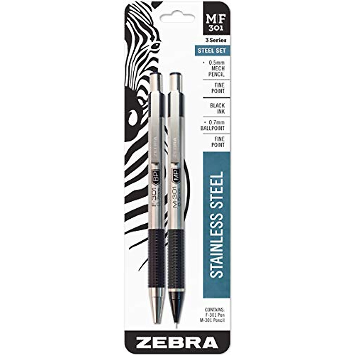 Zebra Pen Stainless Steel Writing Set, M-301 Mechanical Pencil and F-301 Mechanical Pencil, Black Grip, 2-Pack