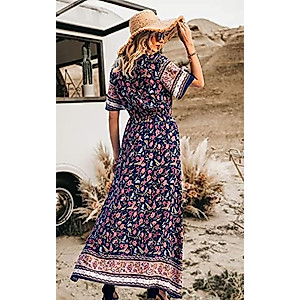 PRETTYGARDEN Women's Casual Summer Boho Floral Print Dress V Neck Short Sleeve High Waist Long Maxi Beach Dresses (Navy,Medium)