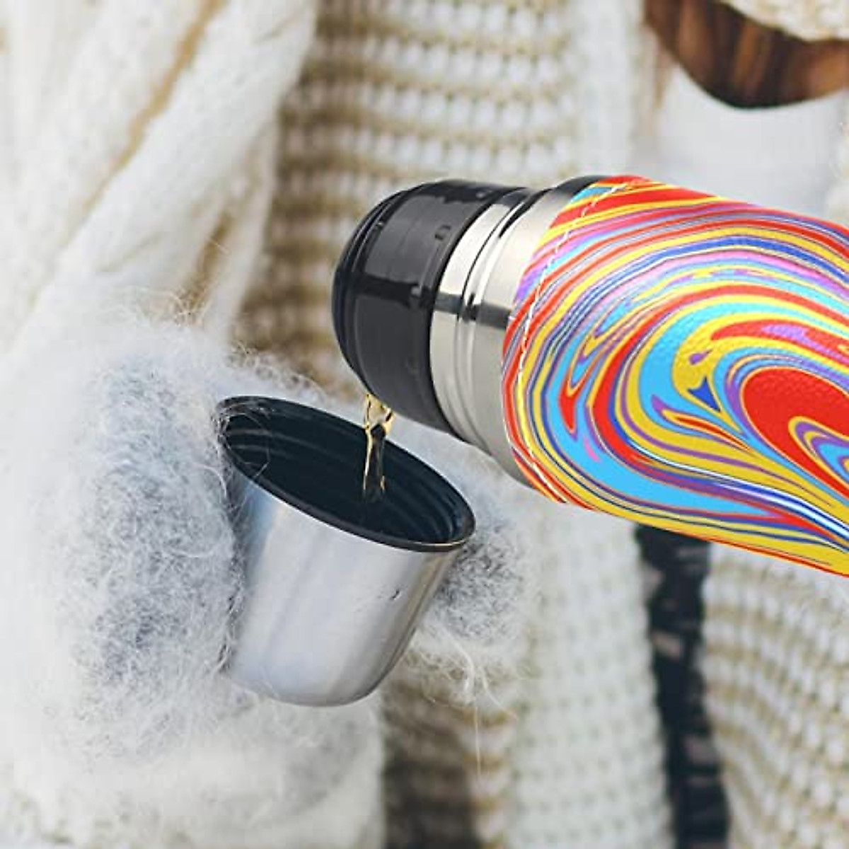 Stainless Steel Leather Vacuum Insulated Mug Marble Texture Thermos Water Bottle for Hot and Cold Drinks Kids Adults 16 Oz