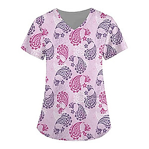 Women's Plus Size Scrub Tops Floral Printed Mock Neck Short Sleeve Undershirt Lightweight Fleece Pullover Women Purple