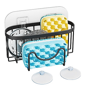 HapiRm Multifunctional Sponge Holder with Unique M-shaped, Two Installation Methods Kitchen Sink Organizer, Rustproof Stainless Steel Sink Caddy for Sponge, Brush, Sink Stopper and Scraper -Black