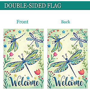 Spring Garden Flag with Welcome Quote , Burlap Double Sided Dragonfly Flower Yard Flags, Garden Flag Rustic Farmhouse Yard Outdoor Decoration (Dragonfly)