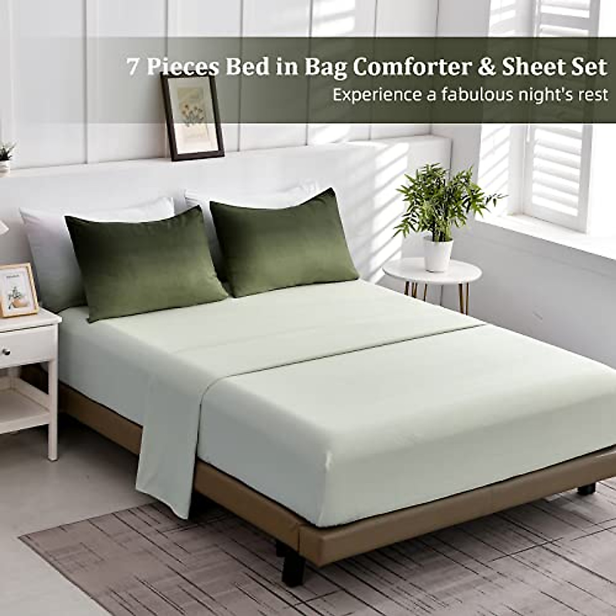 7 Pieces Gradient Olive Green Comforter Set Queen - Lightweight Green Bed in a Bag Queen Size Set, All Season Down Alternative Complete Bedding Set with Flat/Fitted Sheet, Pillowcases and Pillow Shams